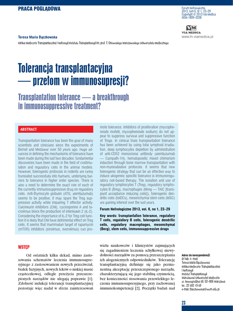 Tolerancja Na Przeszczep | PDF | Immune Tolerance | Medical Specialties