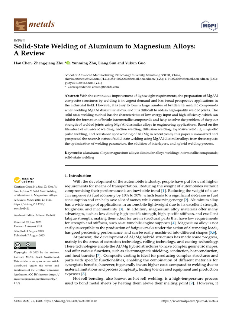 2023 Solid-State Welding of Aluminum To Magnesium Alloys A Review | PDF | Construction | Welding