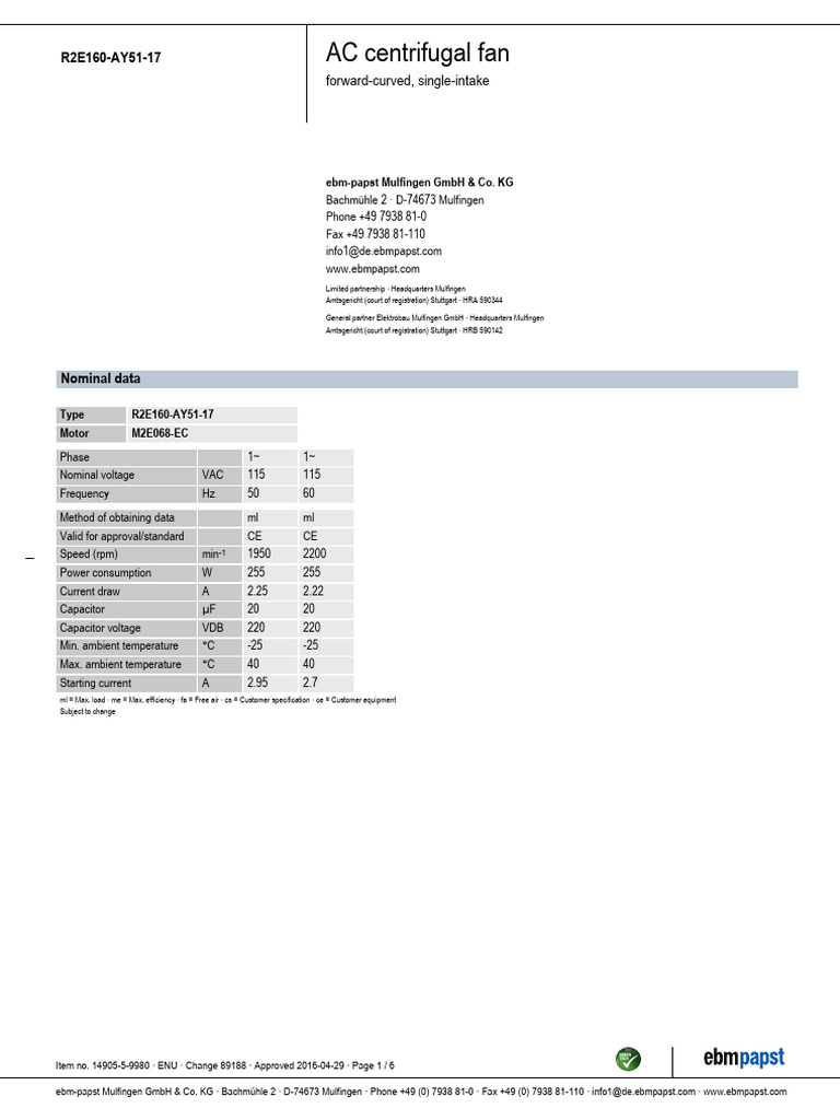 Ebm Papst R2E160AY5117-1879626 | PDF | Electric Motor | Alternating Current