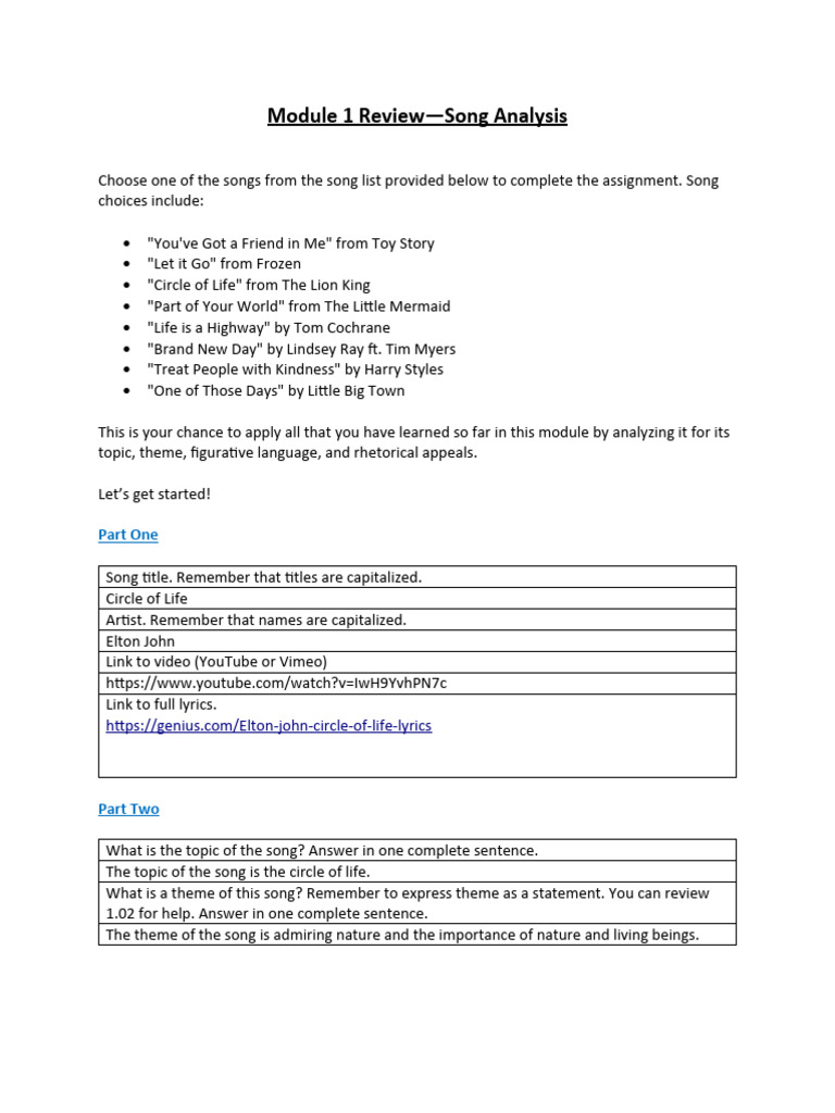 I1 05Bmodule1REviewSongAnalysis | PDF | Human Communication | Cognitive ...