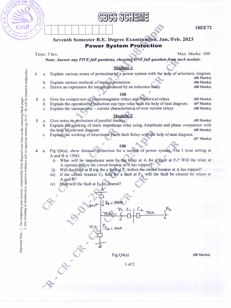 VTU Question Paper of 18EE72 Power System Protection Jan-Feb-2023 | PDF