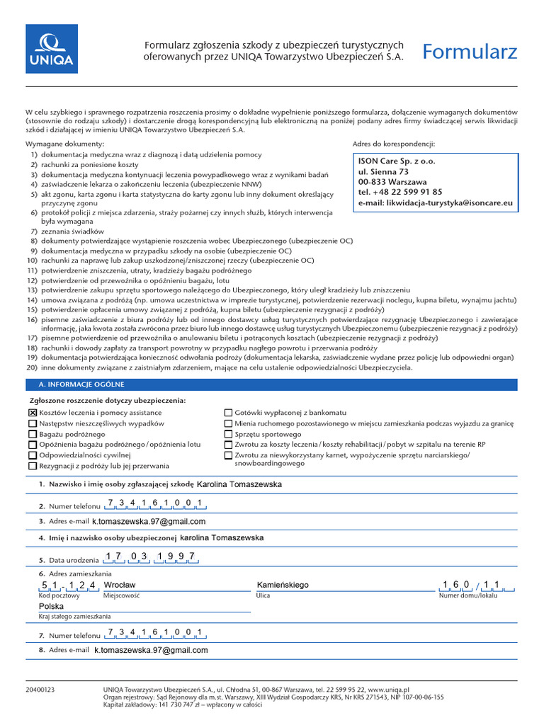 B - Druk Zgłoszenia Szkody (Interaktywny) - UNIQA - Druk - Zgloszenia ...