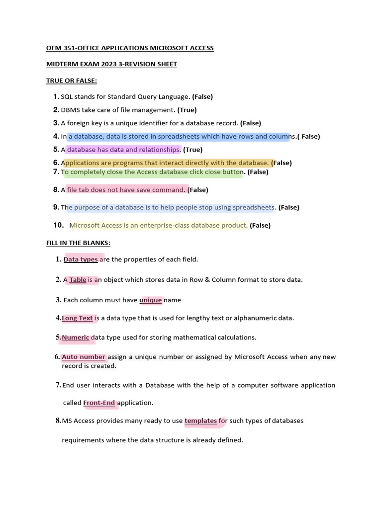 Revision Sheet 351 | PDF | Databases | Microsoft Access