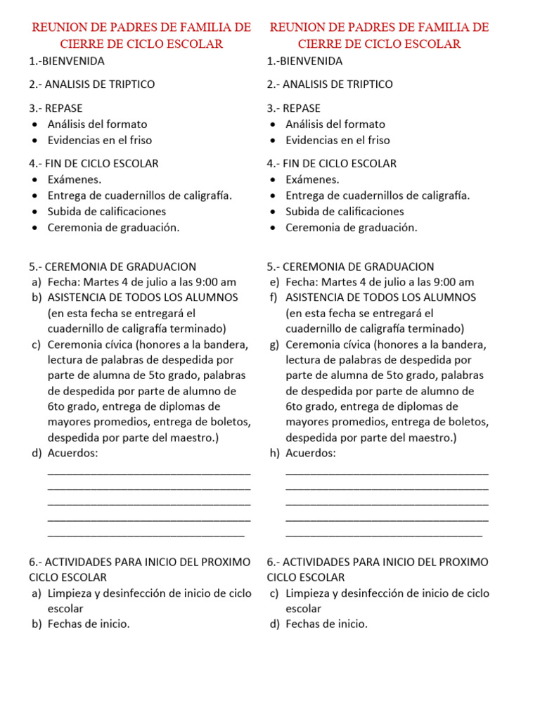 Reunión de Padres: Cierre de Ciclo Escolar | PDF