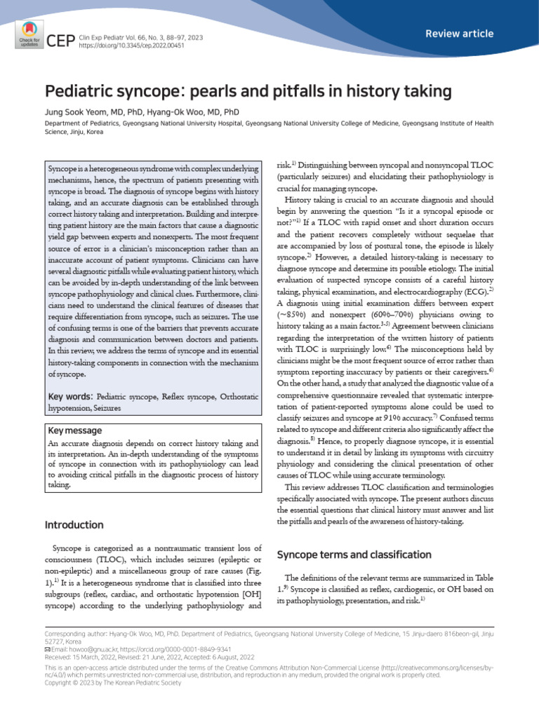 Pediatric Syncope, Pearls and Pitfalls in History Taking | PDF | Blood ...