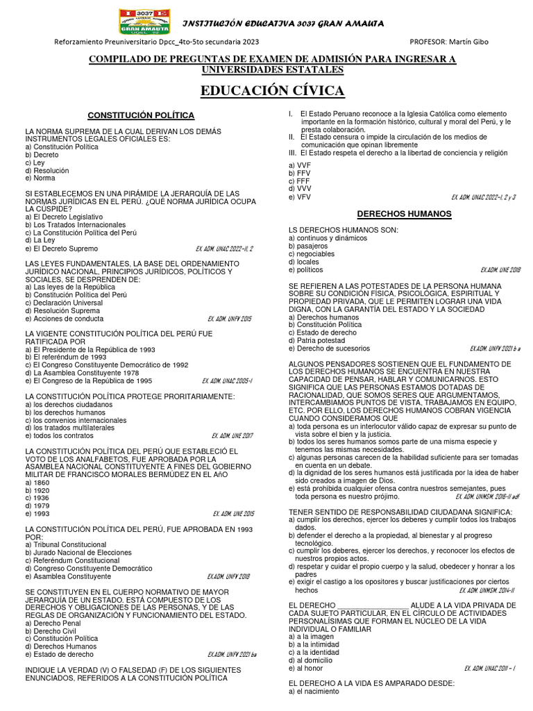 EDUCACIÓN CÍVICA - Compilado Admisión 2023 - Prof. Gibo | PDF ...