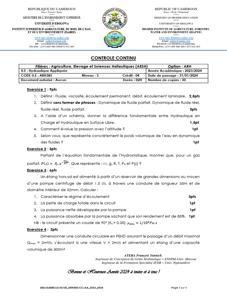 Contrôle Continu en Hydraulique Appliquée | PDF | Pompe | Dynamique ...