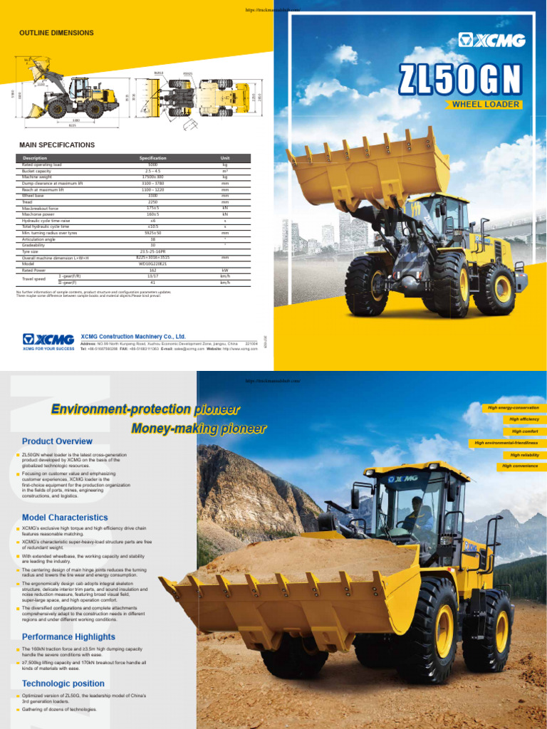 XCMG ZL50GN G-Series Wheel Loader - Outline Dimension | PDF ...
