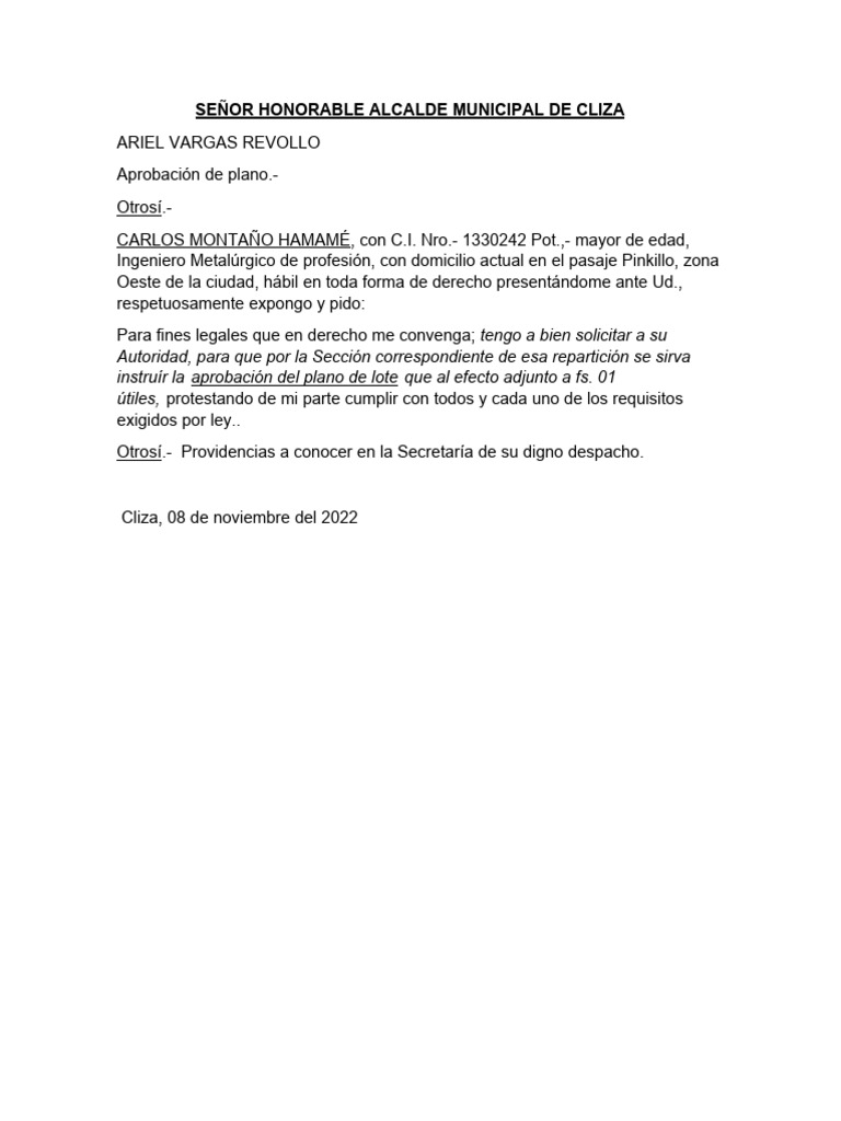 Señor Honorable Alcalde Municipal de Cliza | PDF | Derecho