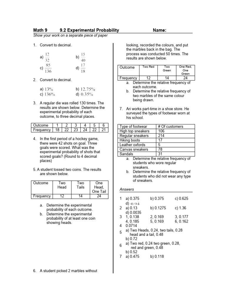 Math 9 - Worksheet 9.2 | PDF | Sneakers | Probability