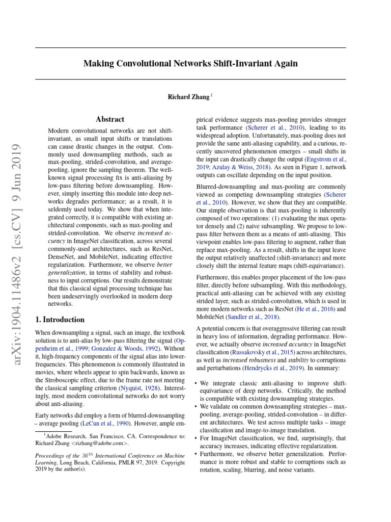 Making Convolutional Networks Shift-Invariant Again | PDF | Algorithms | Telecommunications ...