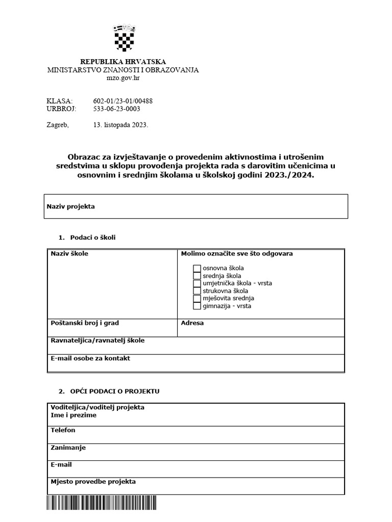 Obrazac Za Izvjestavanje o Provedenim Aktivnostima I Utrosenim Sredstvima U Sklopu Provodenja ...