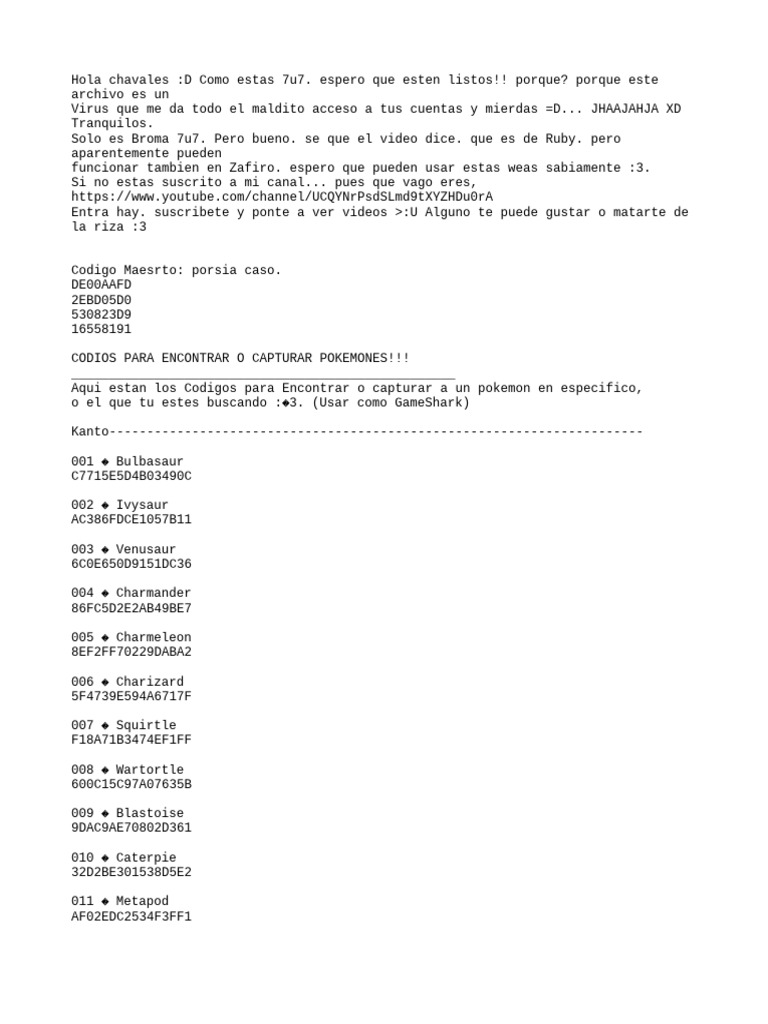 Cheats Trucos y Gameshark Pokemon RUBY & Zafiro | PDF | Juegos de ...