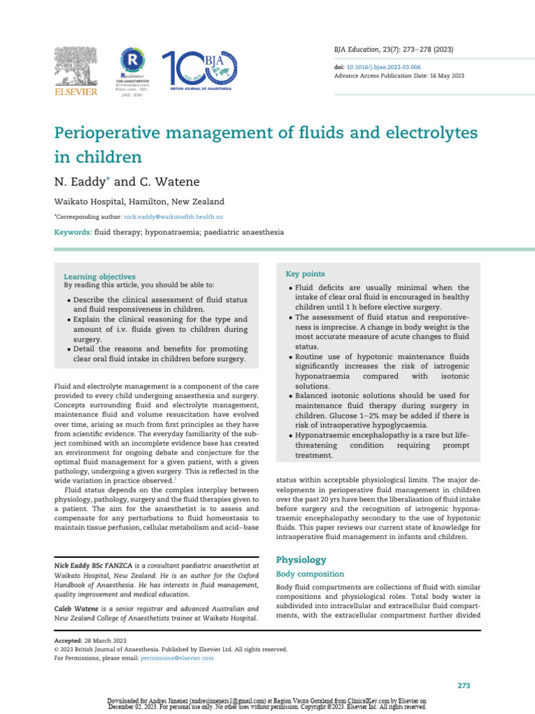 Perioperative Management of Fluids and Electrolytes in Children | PDF ...