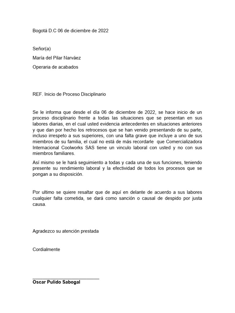 Carta Inicio de Proceso Diciplinario | PDF