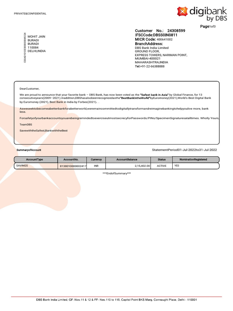 Customer No.: 24308599 Ifsccode:Dbss0In0811 Micr Code: Branchaddress ...