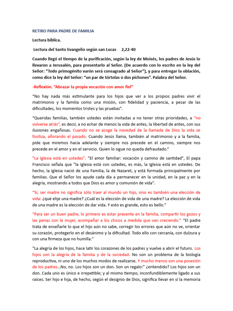 Retiro Familiar: Vocación y Educación | PDF | eucaristía | Amor