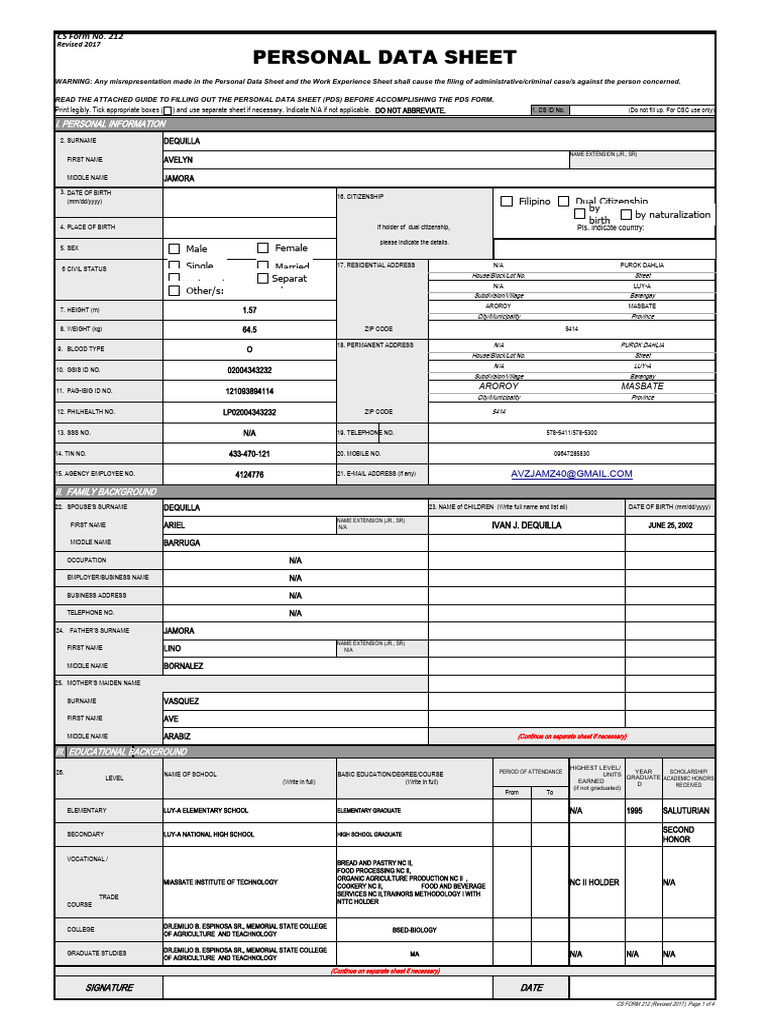 CS Form No. 212 Personal Data Sheet Revised | Download Free PDF ...