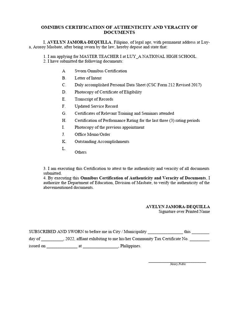 Omnibus Certification of Authenticity and Veracity of Documents Sample ...