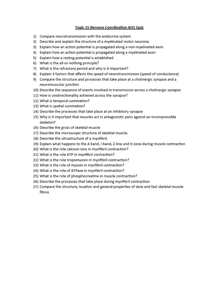 Topic 15 Nervous Coordination AO1 Quiz | PDF | Chemical Synapse ...