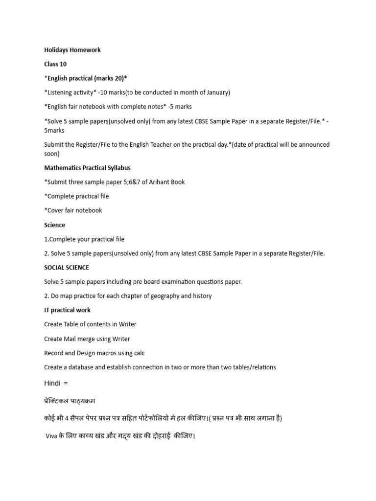 Winter holidays Home work Class 10 | PDF
