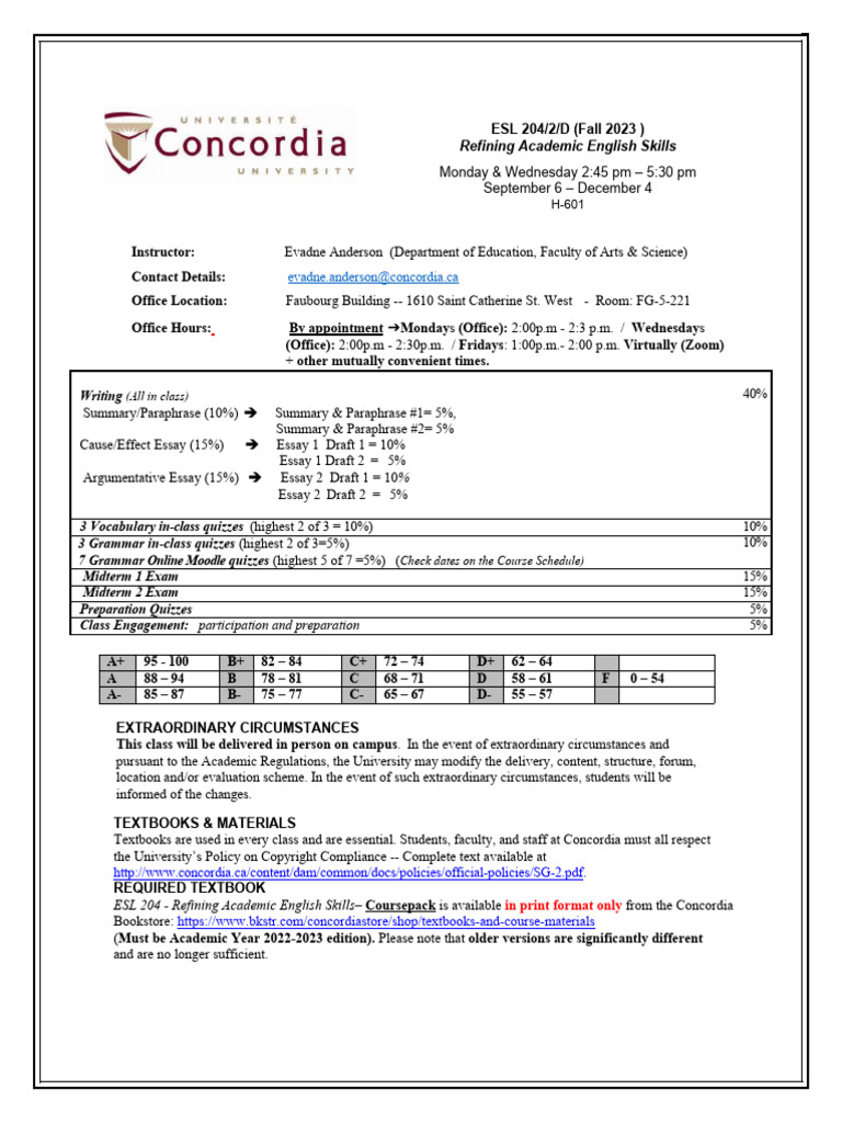 Course Outline ESL 204D F23 | PDF | Textbook | Plagiarism