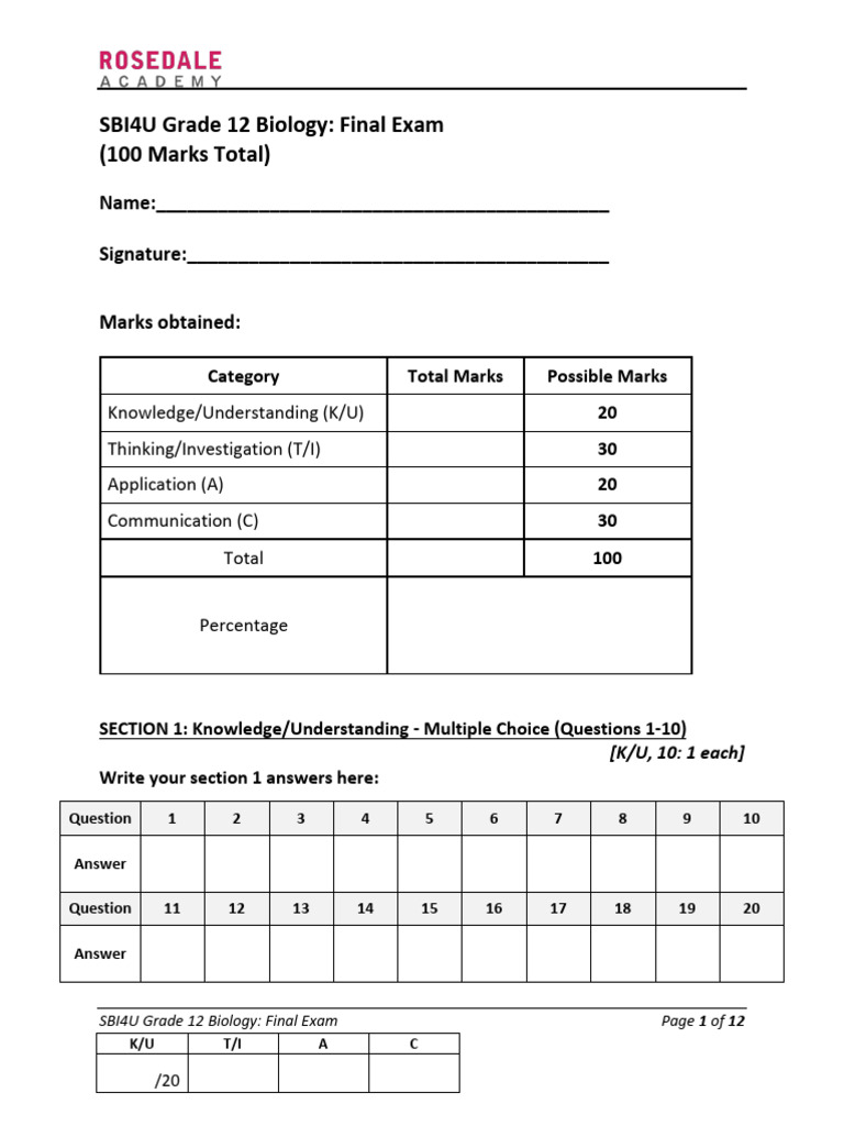 SBI4U Final Exam (Student Version) | PDF | Dna | Mitochondrion