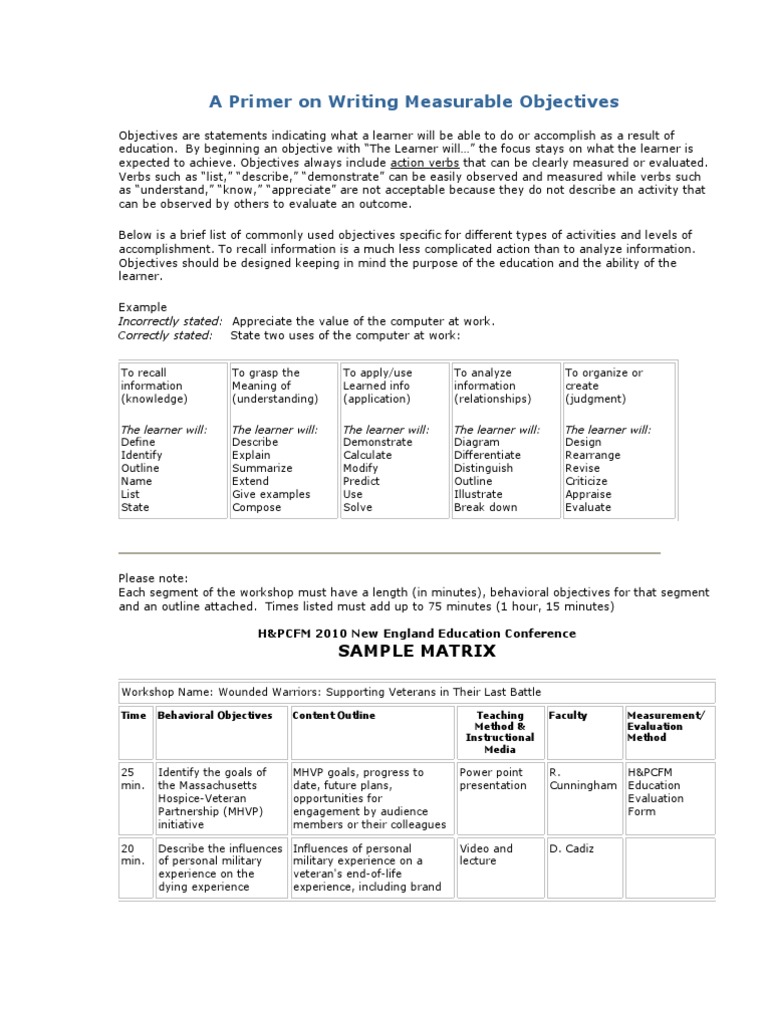 A Primer On Writing Measurable Objectives | Download Free PDF | Veteran ...