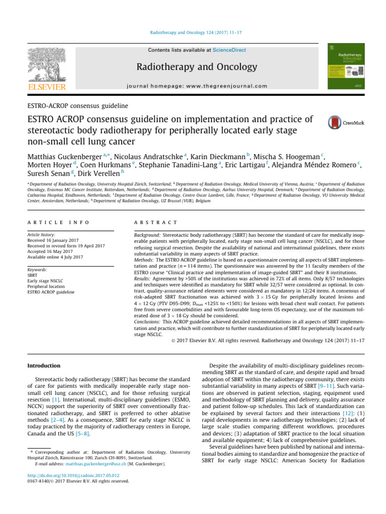 ESTRO ACROP Consensus Guideline On Implementation and Practice of SBRT ...