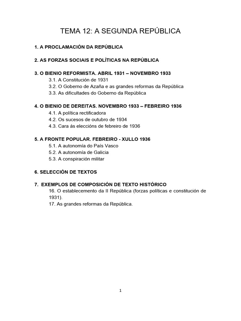 Esquemas. TEMA 12 Segunda República | PDF