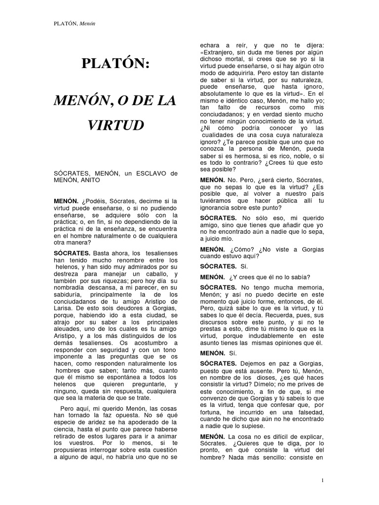PLATON Menon 1 PLATON | PDF | Virtud | Sócrates