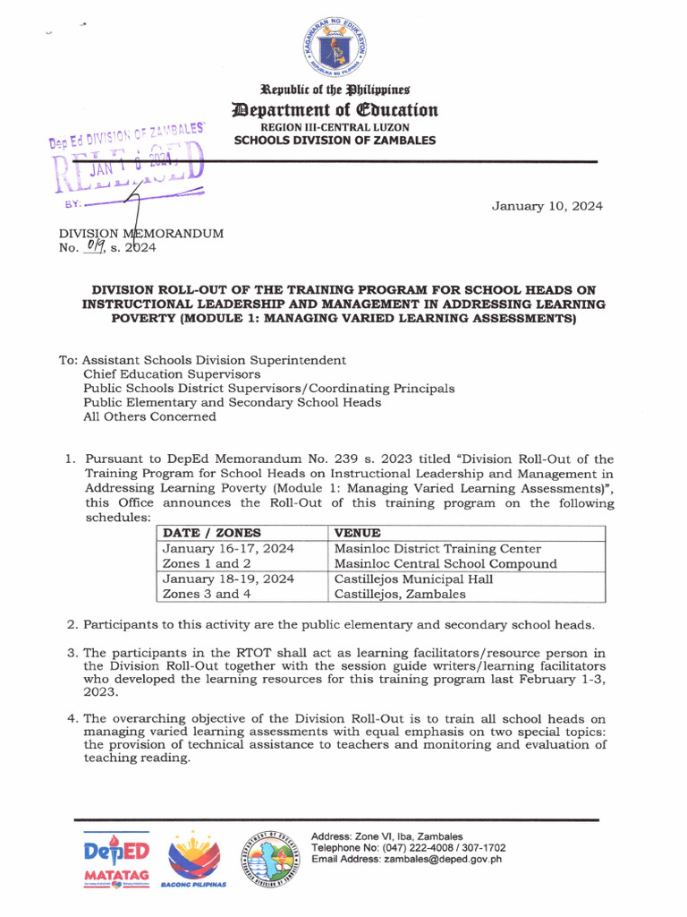 DM No. 019, s. 2024 - Division Roll-Out of the Training Program for ...