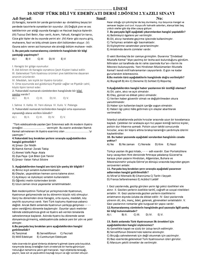10 Tde 2.dönem 2.sinav Sorulari | PDF