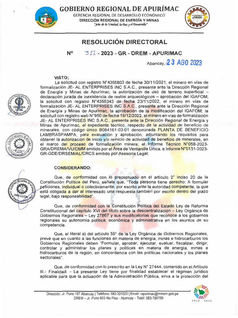 Resolución Directoral: #2023 - GR - Drem - Apurimac | PDF | Minería | Gobierno