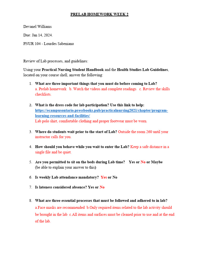 Week 2 Prelab Homework - Answers | PDF | Hand Washing | Personal Protective Equipment