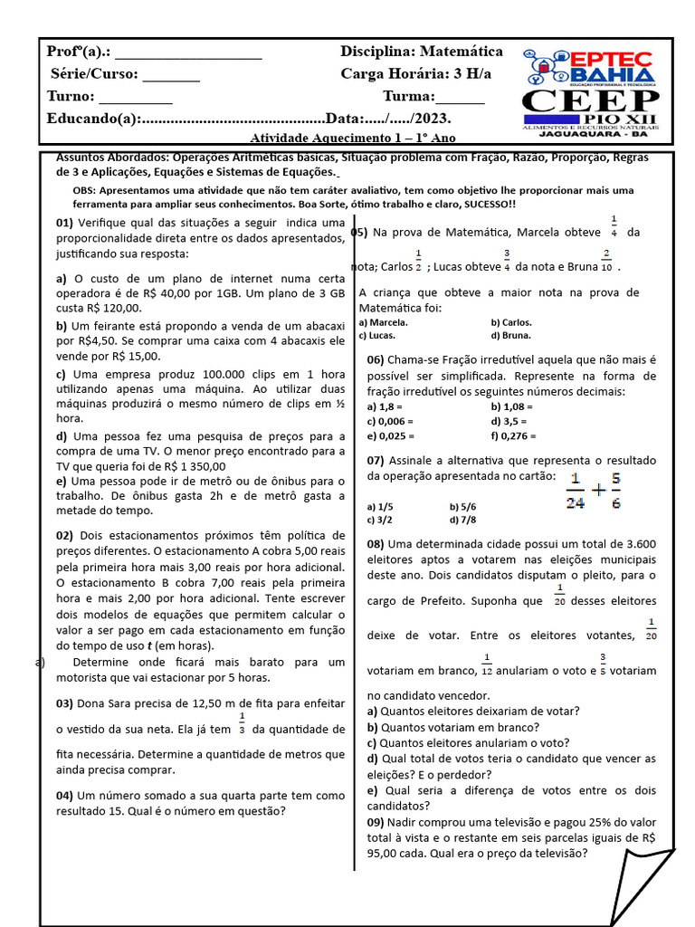 Ativ Aquec 1 (1º Ano) | PDF | Matemática