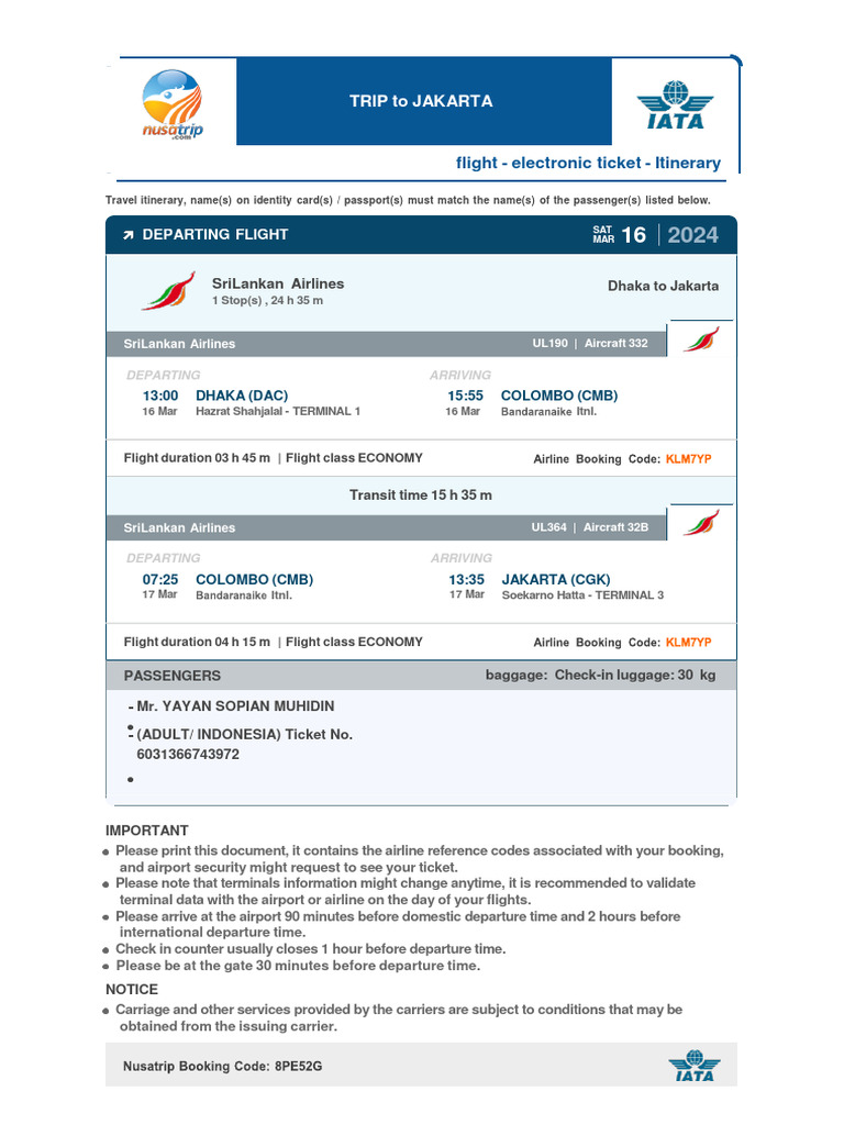 YAYAN SOPIAN-MUHIDIN-Tiket Balik DAC-JKT - Eticket-1-8PE52G-MUPDZG | PDF