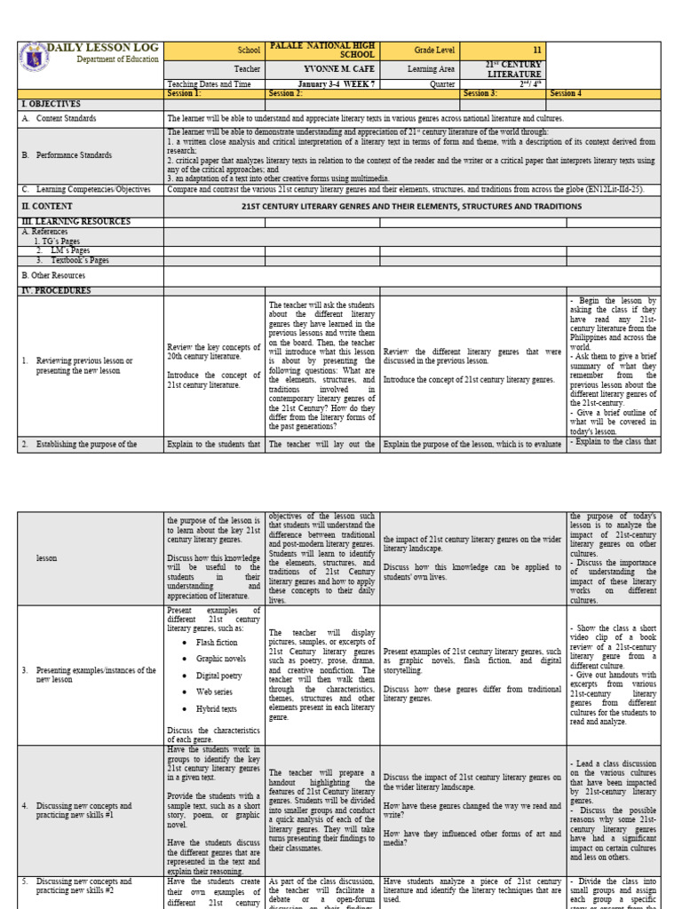 21st Century Literature Lesson Plan | PDF | Genre | Concept