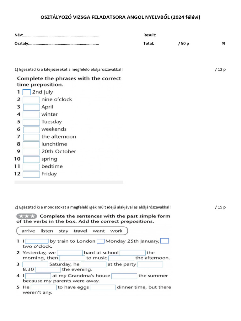 OSZTÁLYOZÓ VIZSGA FELADATSORA ANGOL NYELVBŐL 8. o | PDF