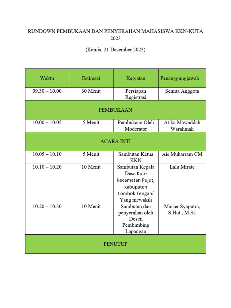 Rundown Pembukaan Dan Penyerahan Mahasiswa KKN-1 | PDF