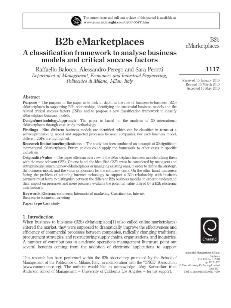 B2b Emarketplaces A Classification Framework To Analyse Business Models