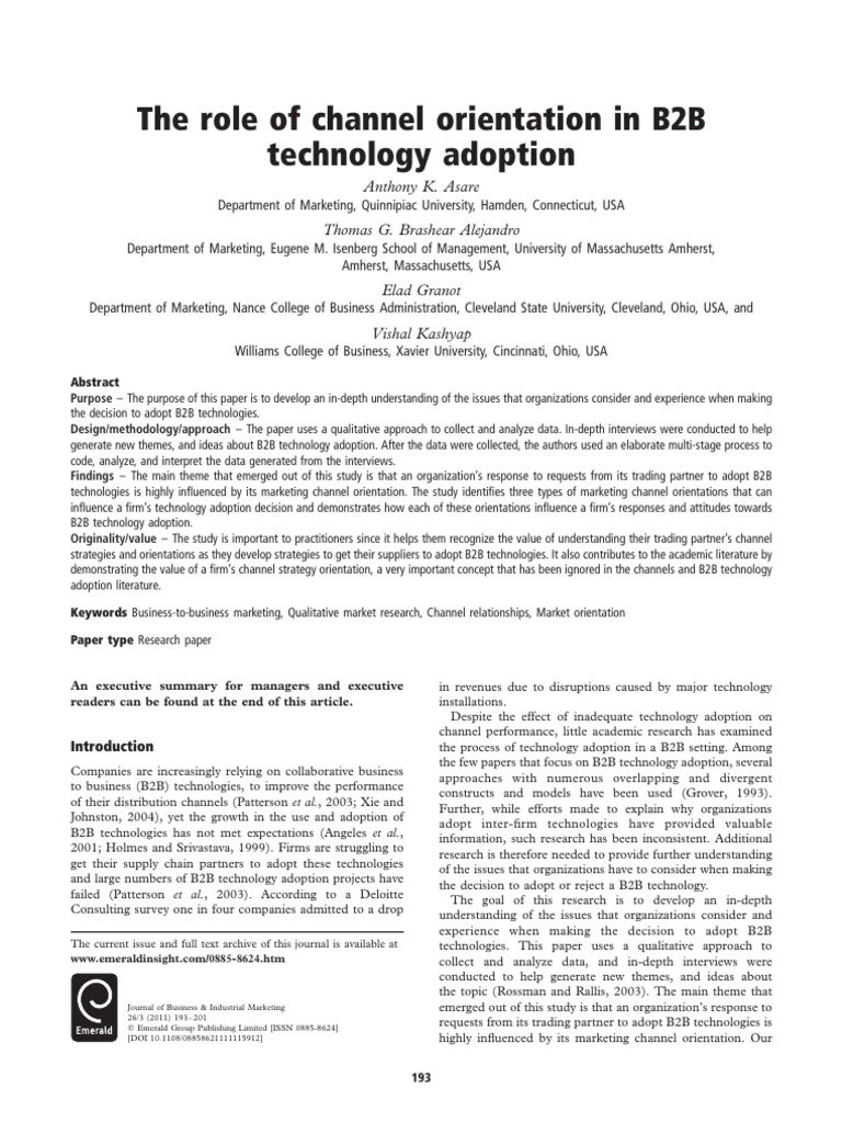 The Role of Channel Orientation in B2B Technology Adoption | PDF ...