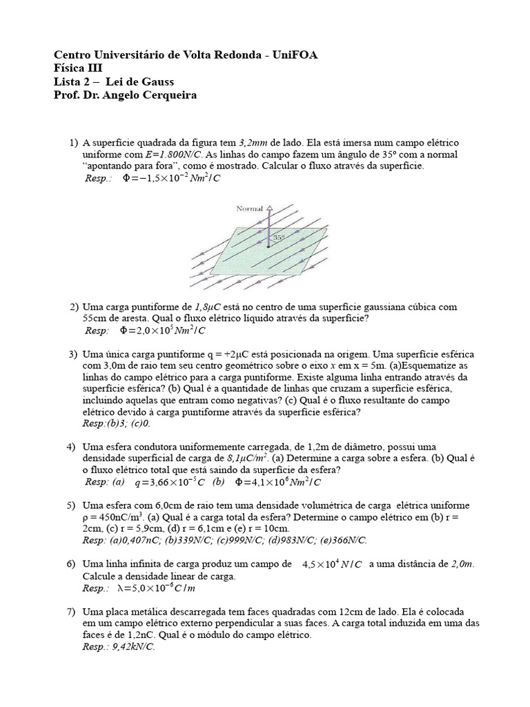 Física Iii - 4 Período Lista 2 Lei de Gauss | PDF | Campo elétrico | Eletromagnetismo