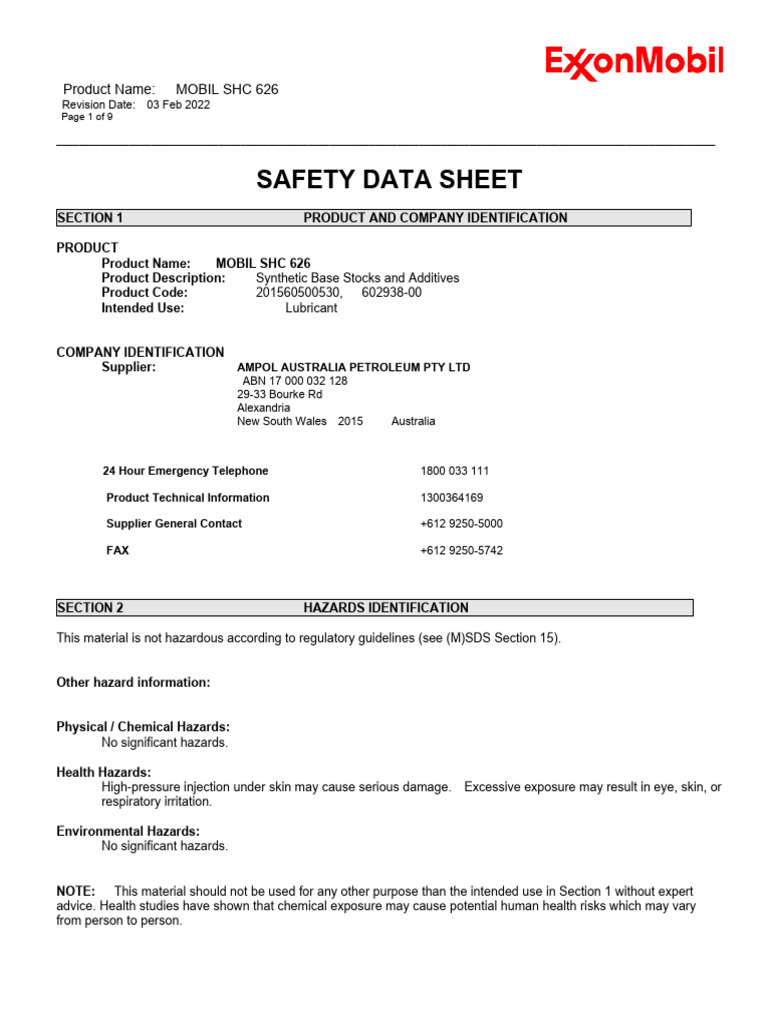 MSDS-Mobil SHC 626 | PDF | Waste Management | Toxicity