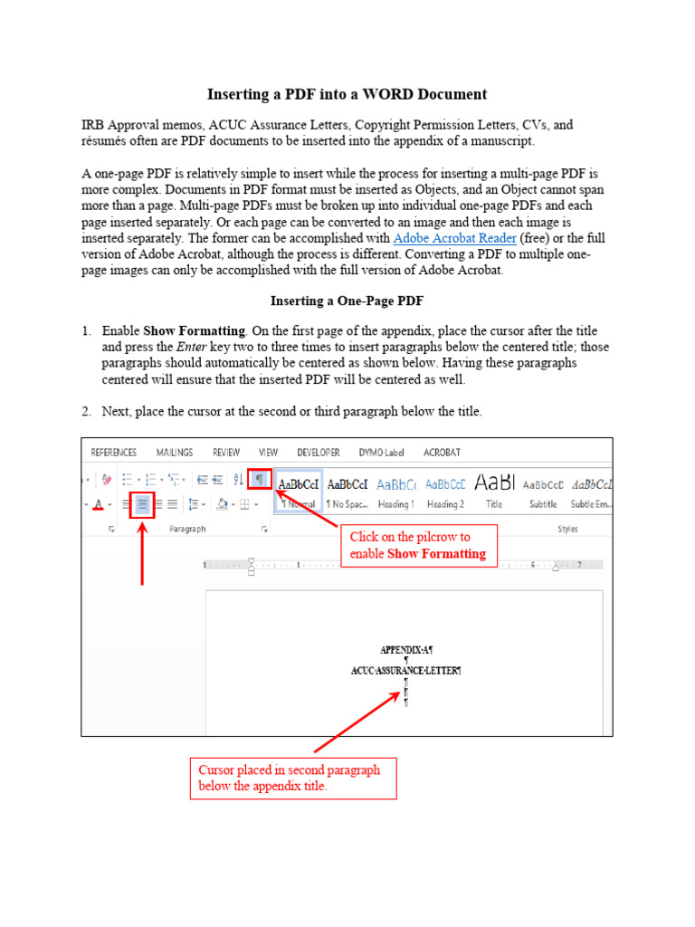 HowTo - Inserting A PDF Into A WORD Doc Via PDF or Image | PDF | Text | Computing
