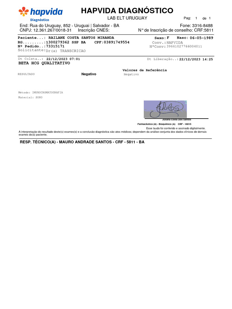 Hapvida Diagnóstico: Beta HCG Qualitativo | PDF