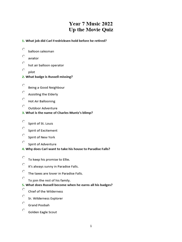 Up MOVIE PG Quiz and Answers | PDF | Art