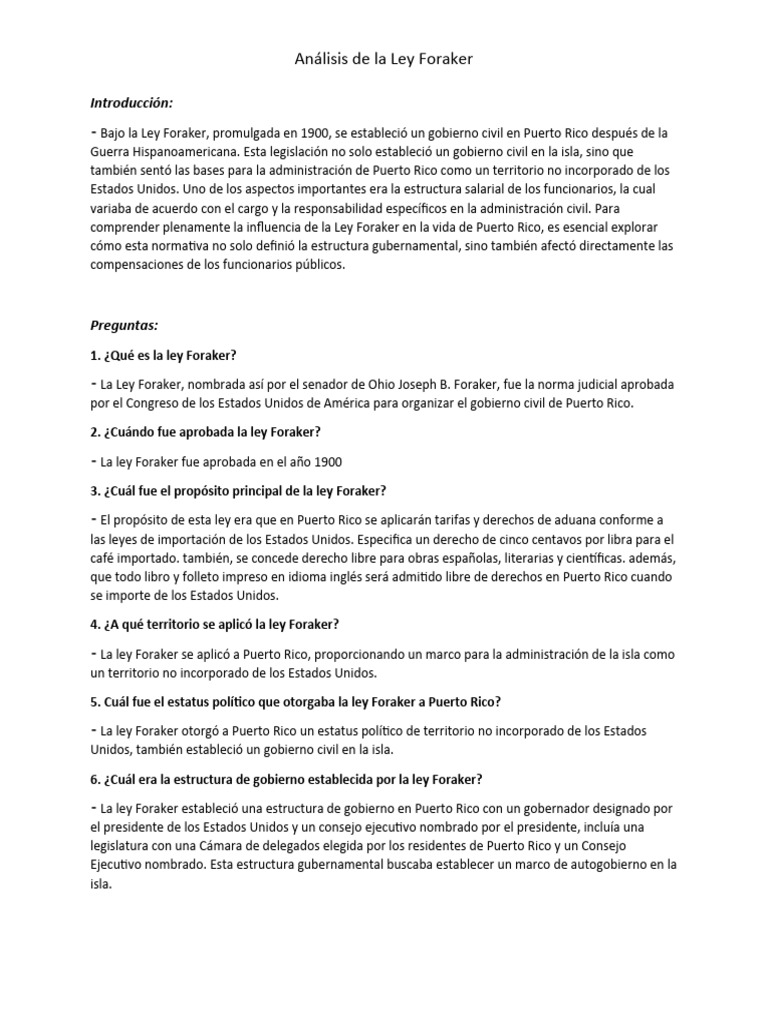 Impacto de la Ley Foraker en Puerto Rico | PDF | Puerto Rico | Los ...