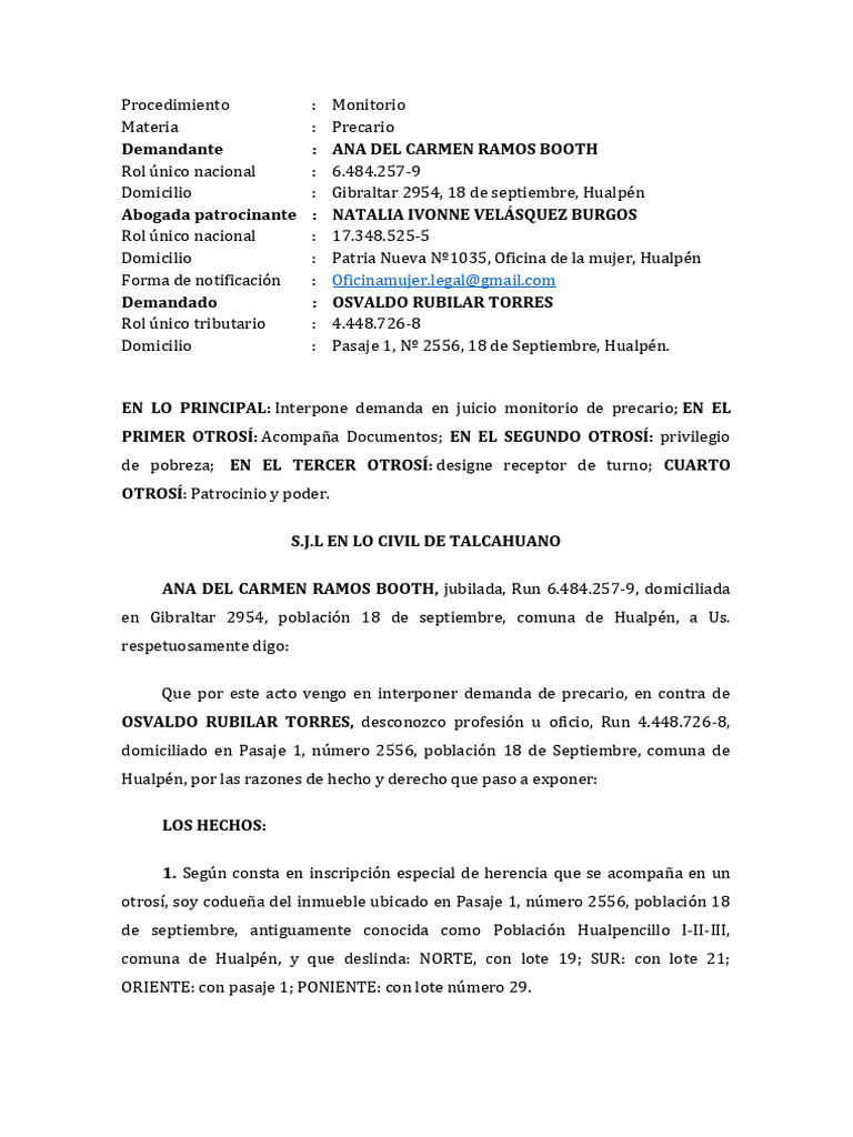 Demanda de Precario en Hualpén | PDF | Propiedad | Justicia