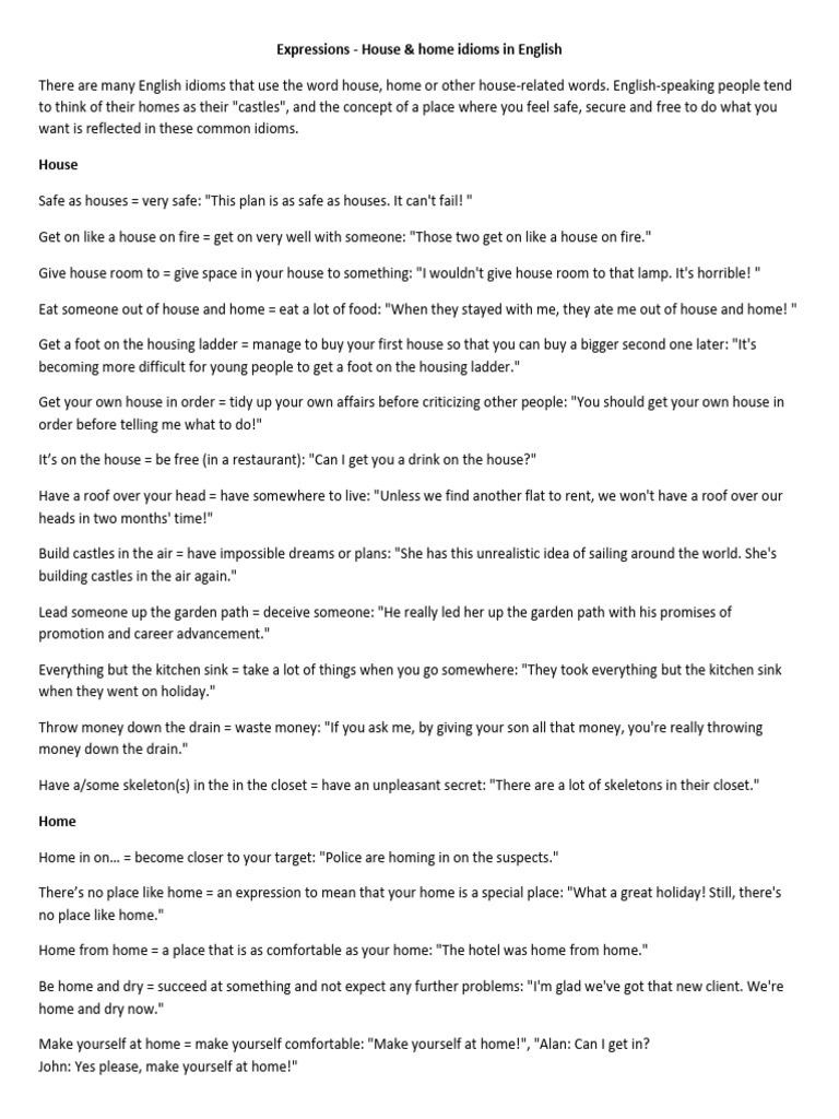 House and Home Idioms Explained | PDF